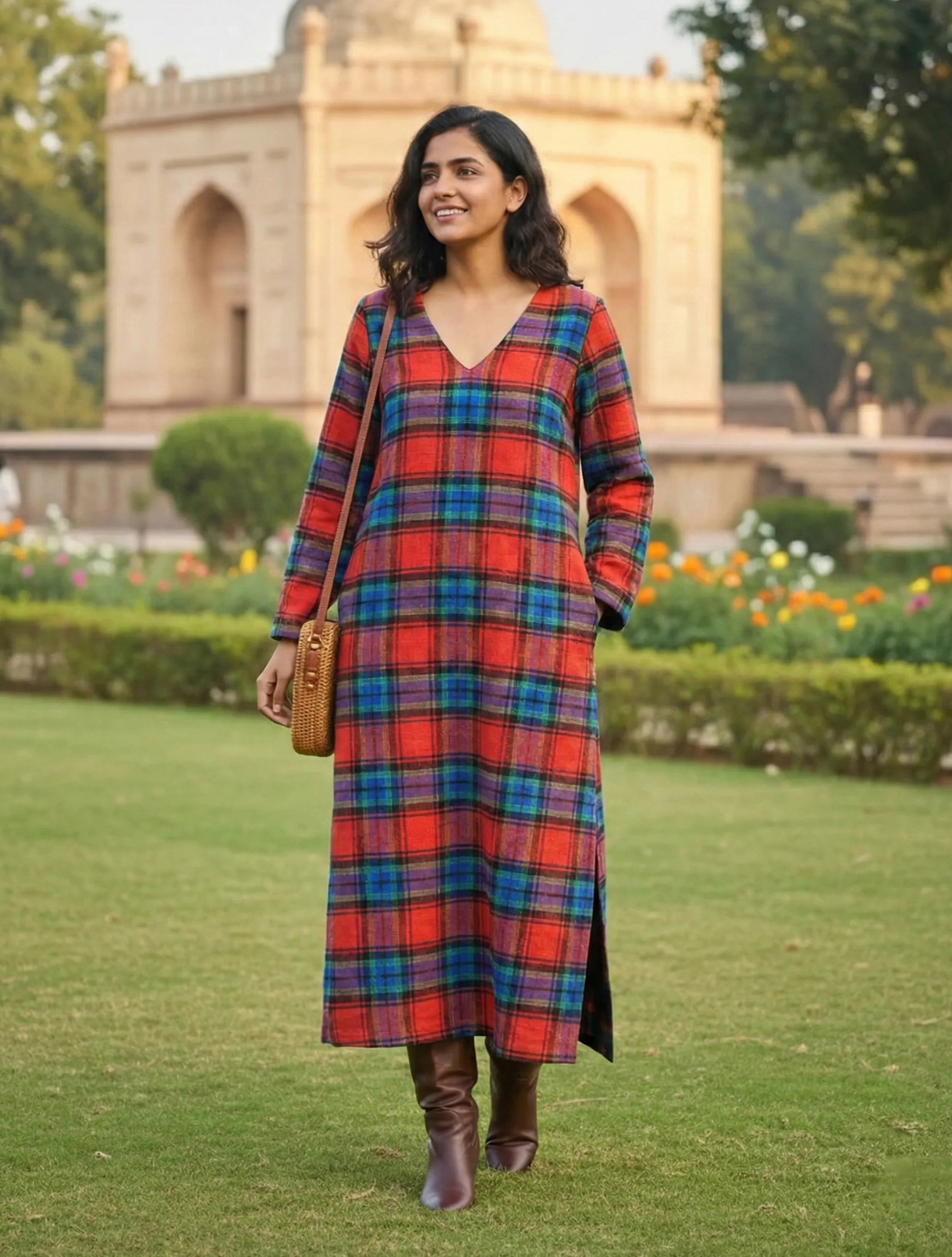 trueBrowns Red Blue Check Straight Maxi Woollen Dress