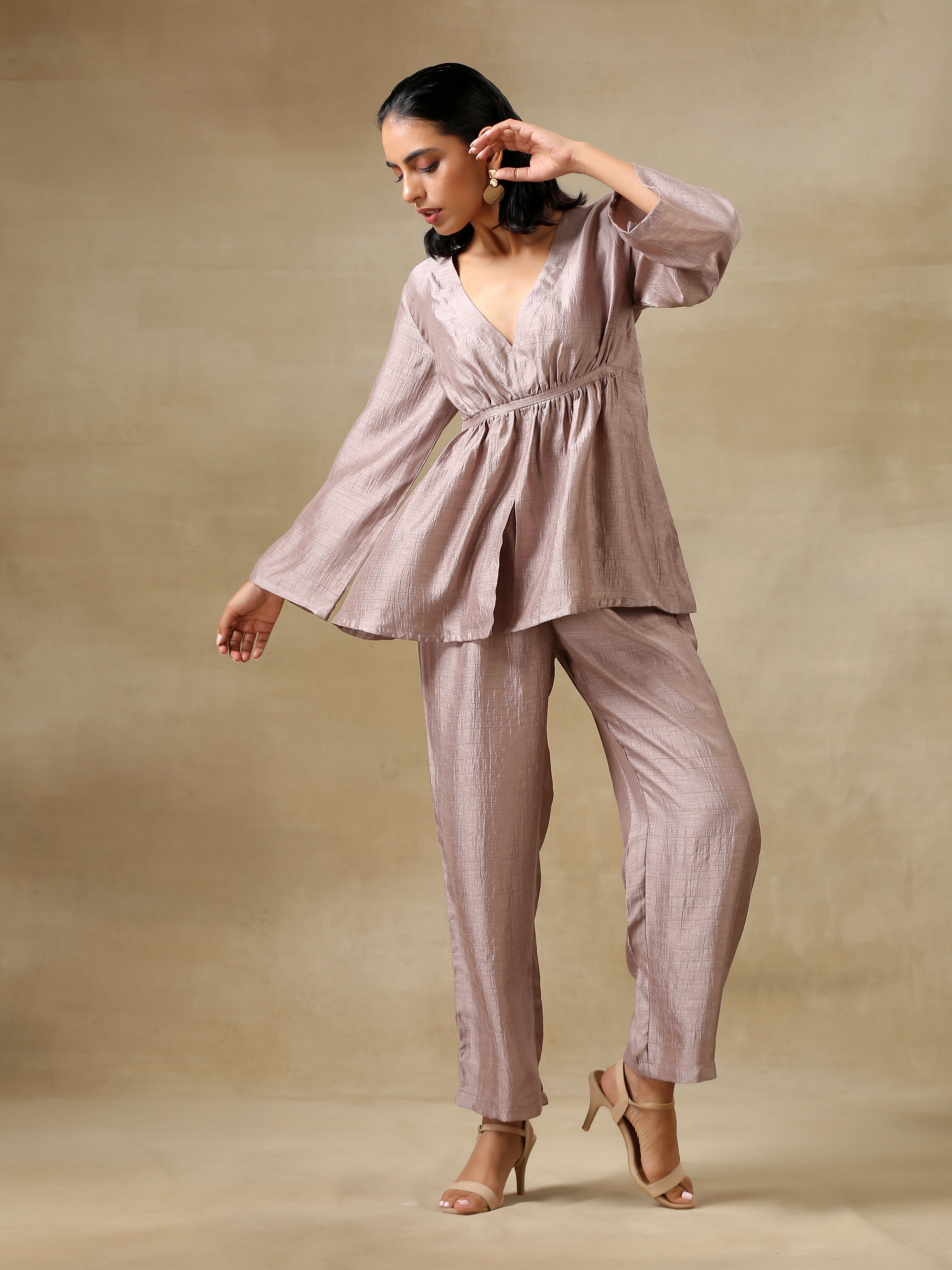 Grey Textured Silk Deep V-Neck Co-Ord Set – trueBrowns