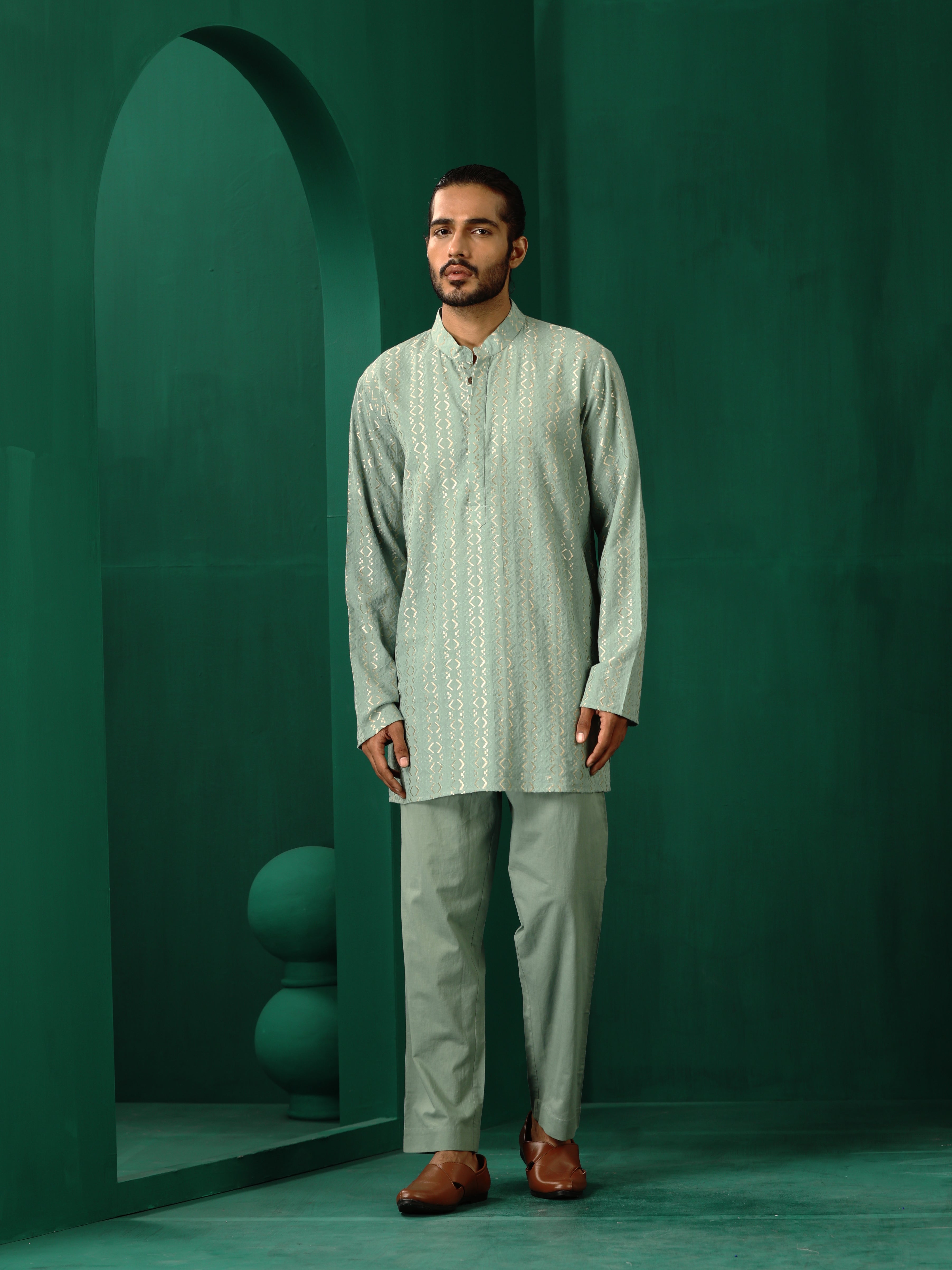 trueBrowns Men Mint Green Dobby Co-ord Set