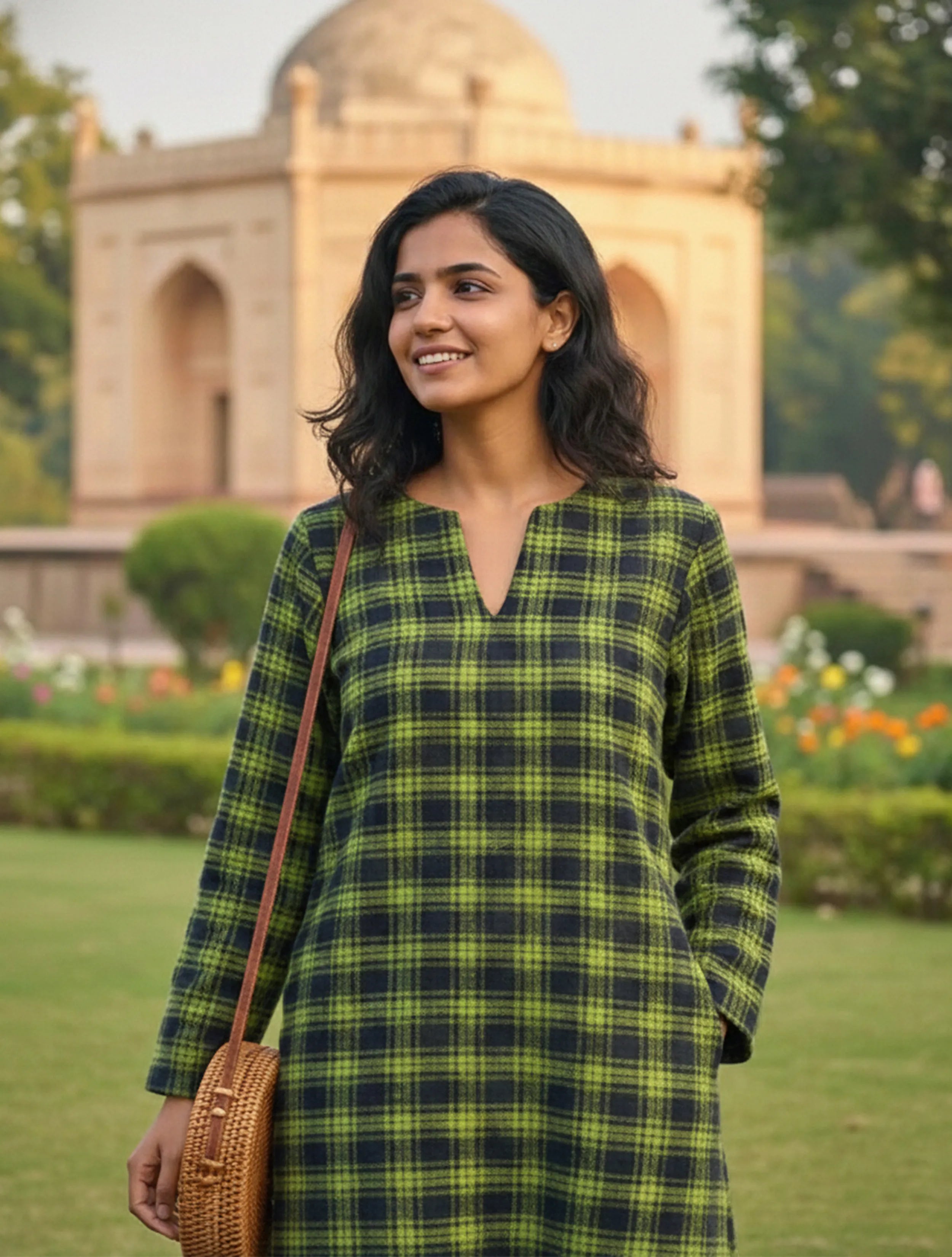 trueBrowns Green Black Straight Maxi Woollen Dress