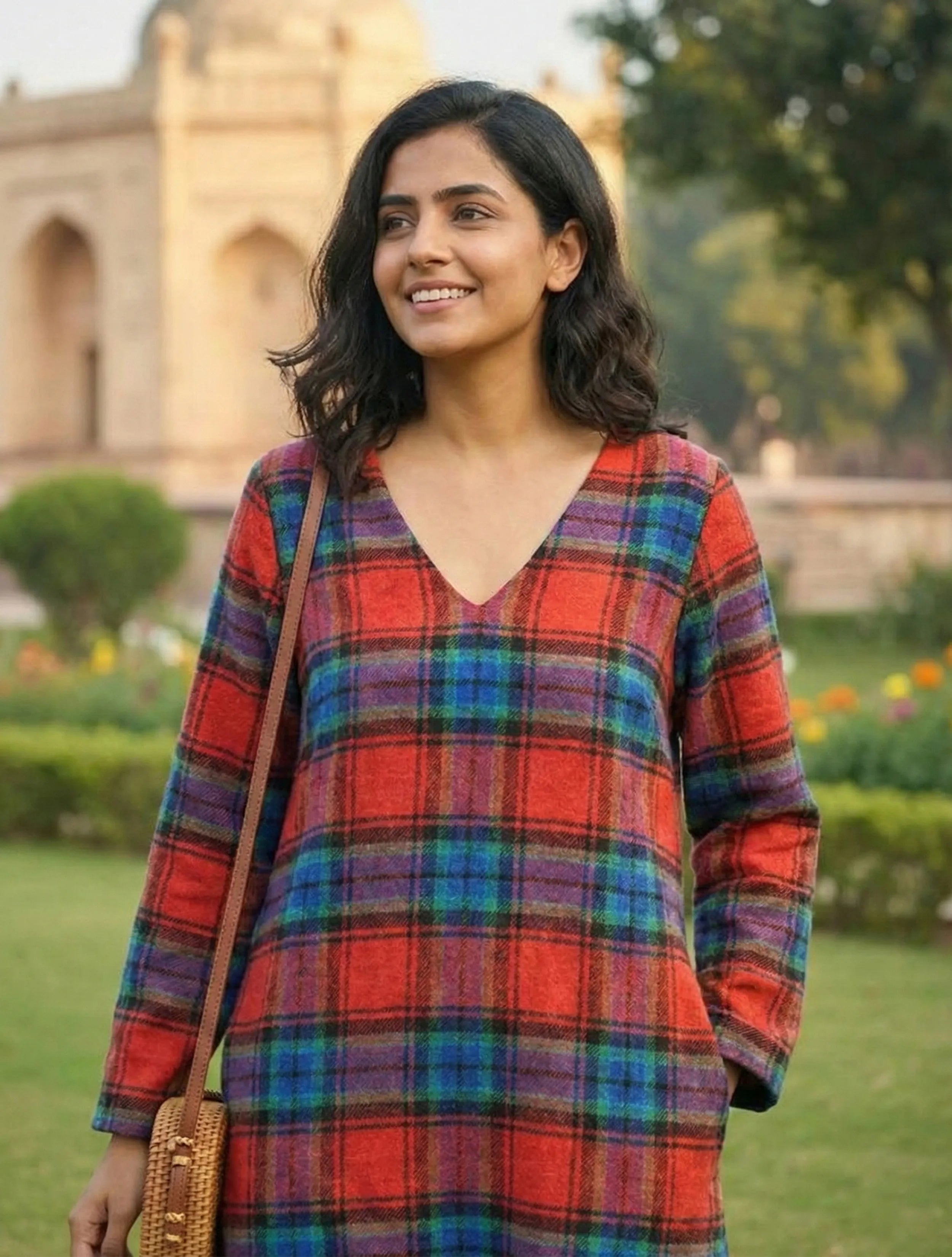 trueBrowns Red Blue Check Straight Maxi Woollen Dress