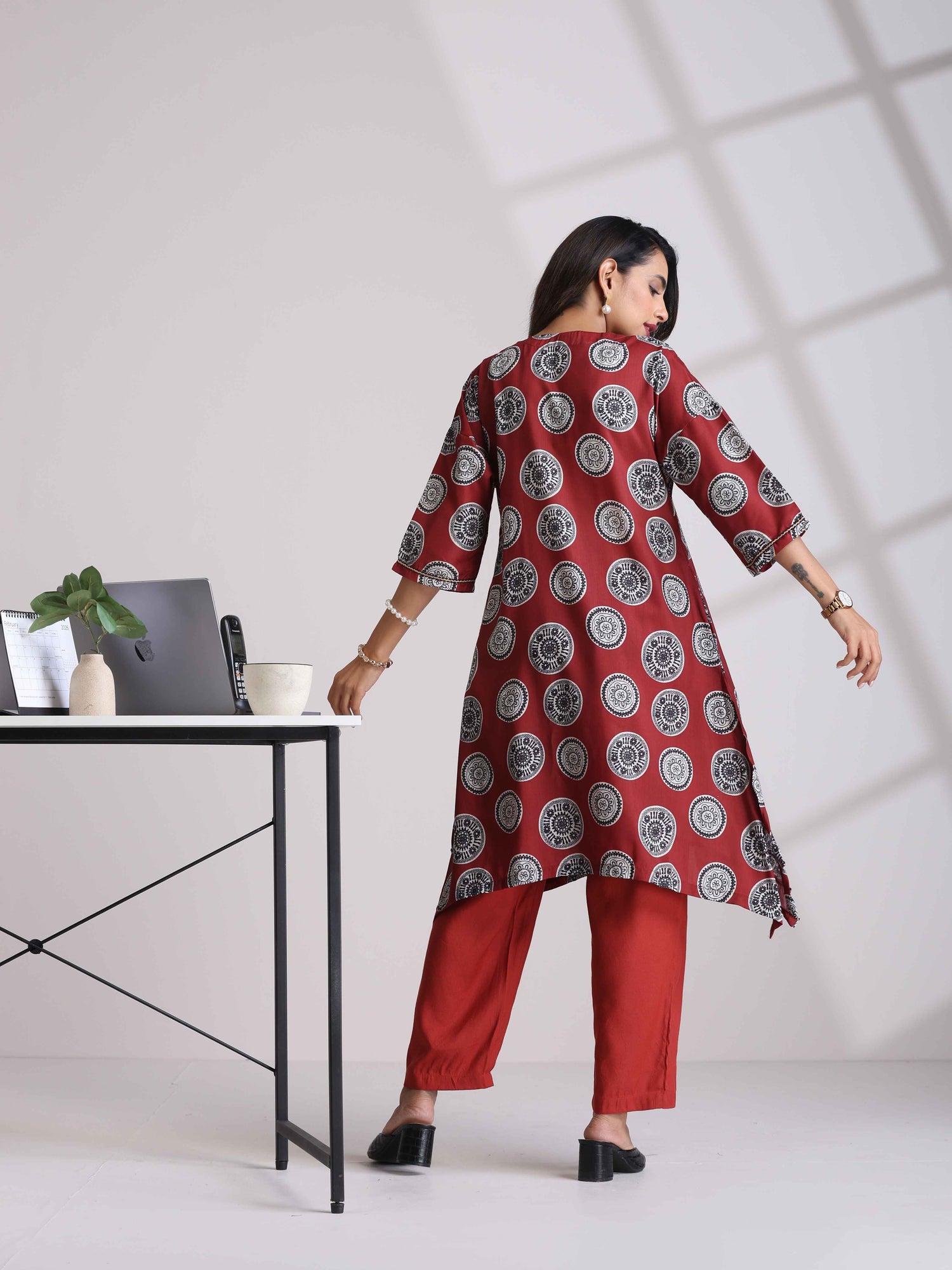 trueBrowns Maroon Print A-line Kurta Co-ord Set