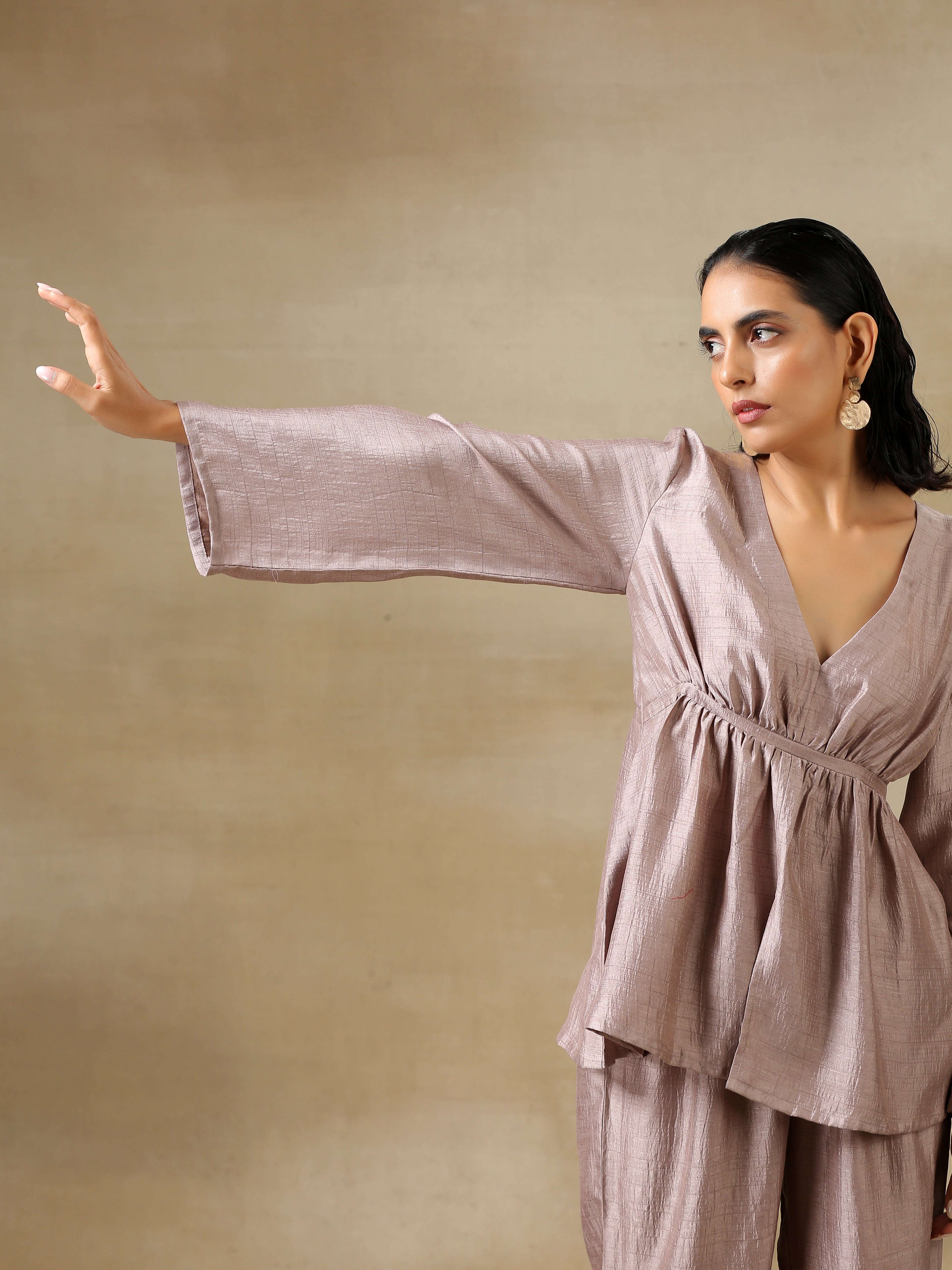 Grey Textured Silk Deep V-Neck Co-Ord Set – trueBrowns