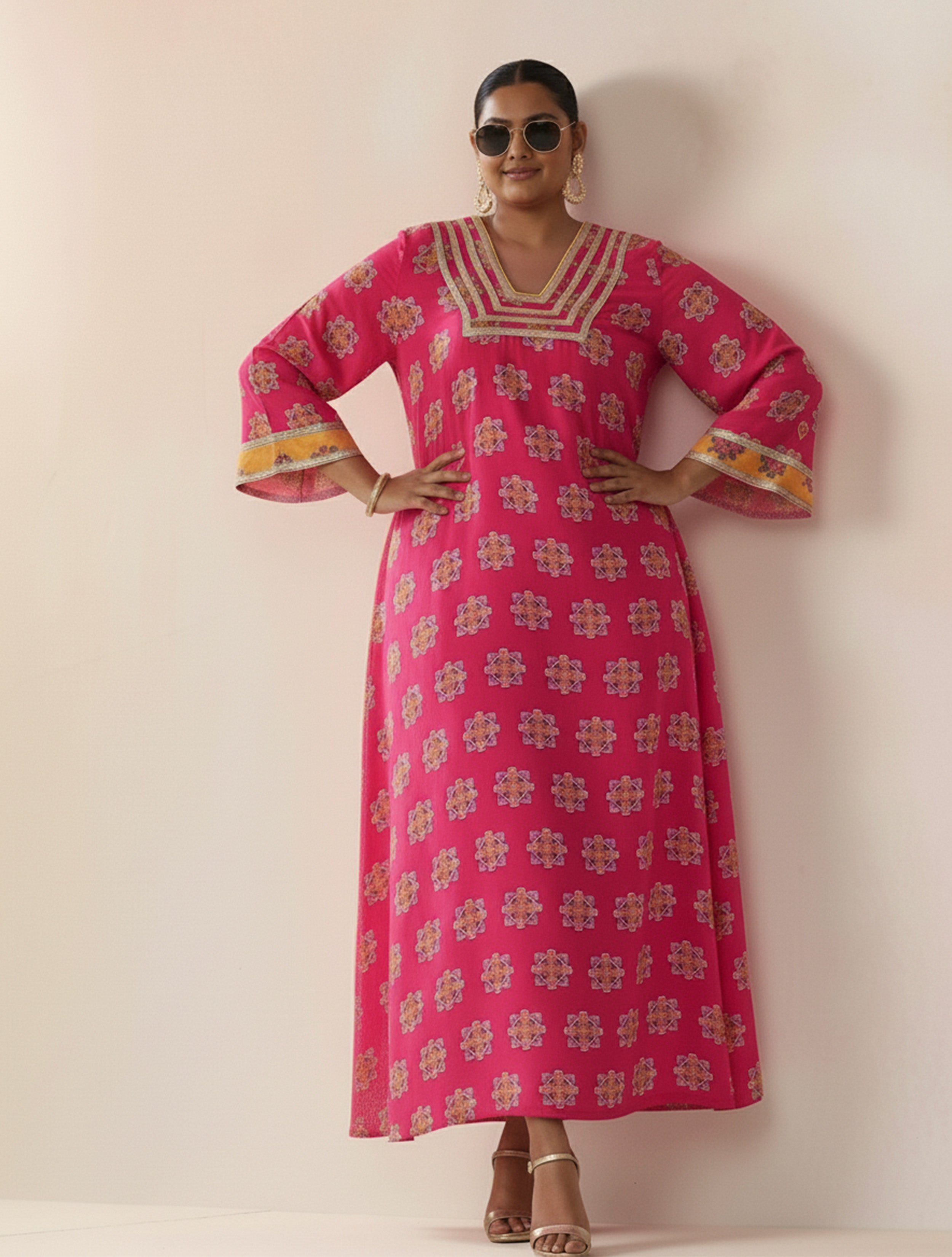 trueBrowns Pink Boota Print Viscose Straight Maxi Dress